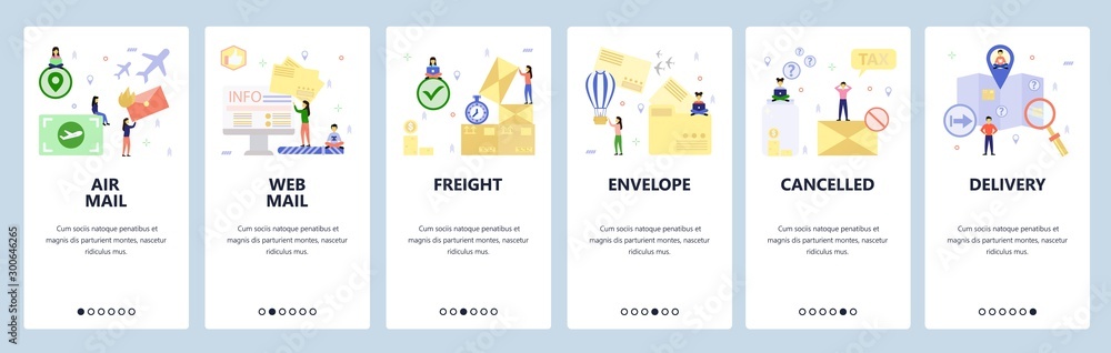 Mobile app onboarding screens. Post and mail delivery, emails, package ...