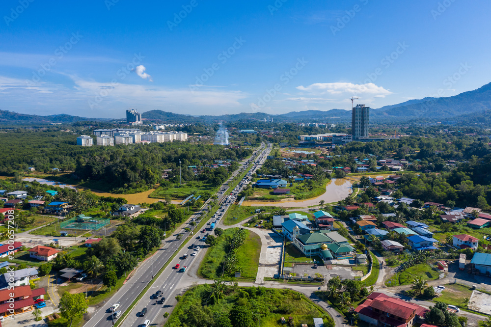Aerial drone image of beautiful rural town local lifestyle houses ...