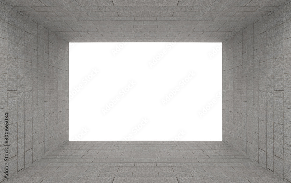 3d rendering. inside Gray brick block square hole chimney box tunnel ...