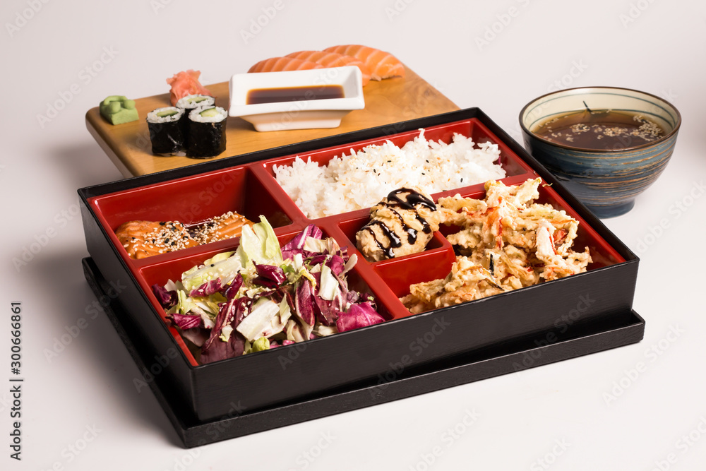Japanese sushi food. Maki ands rolls with tuna, salmon, shrimp, crab ...