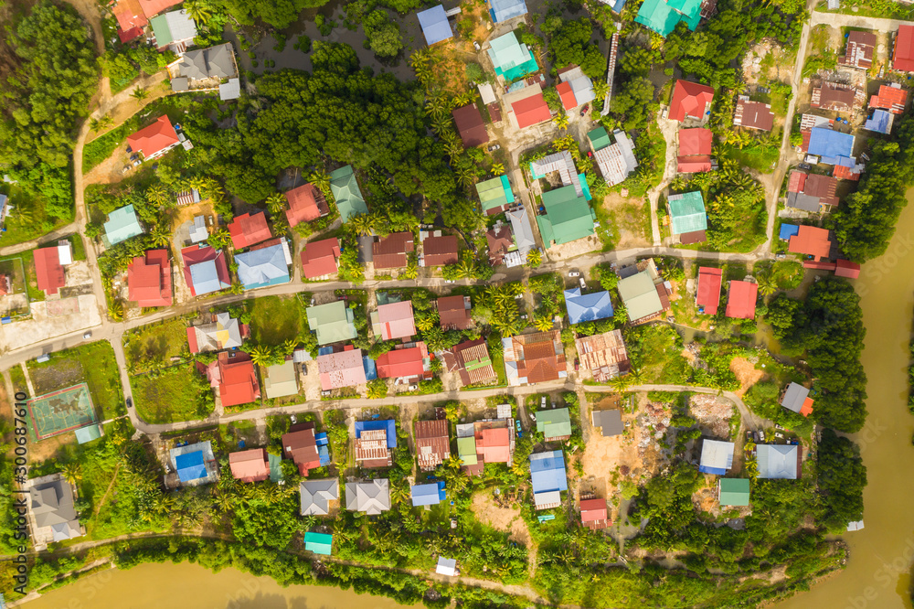Aerial drone image of beautiful rural town local lifestyle houses ...