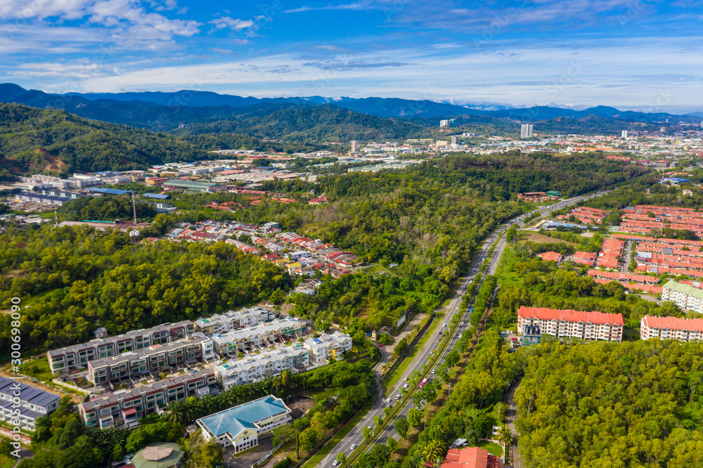 Aerial drone image of beautiful rural town of Menggatal Town, Sabah ...