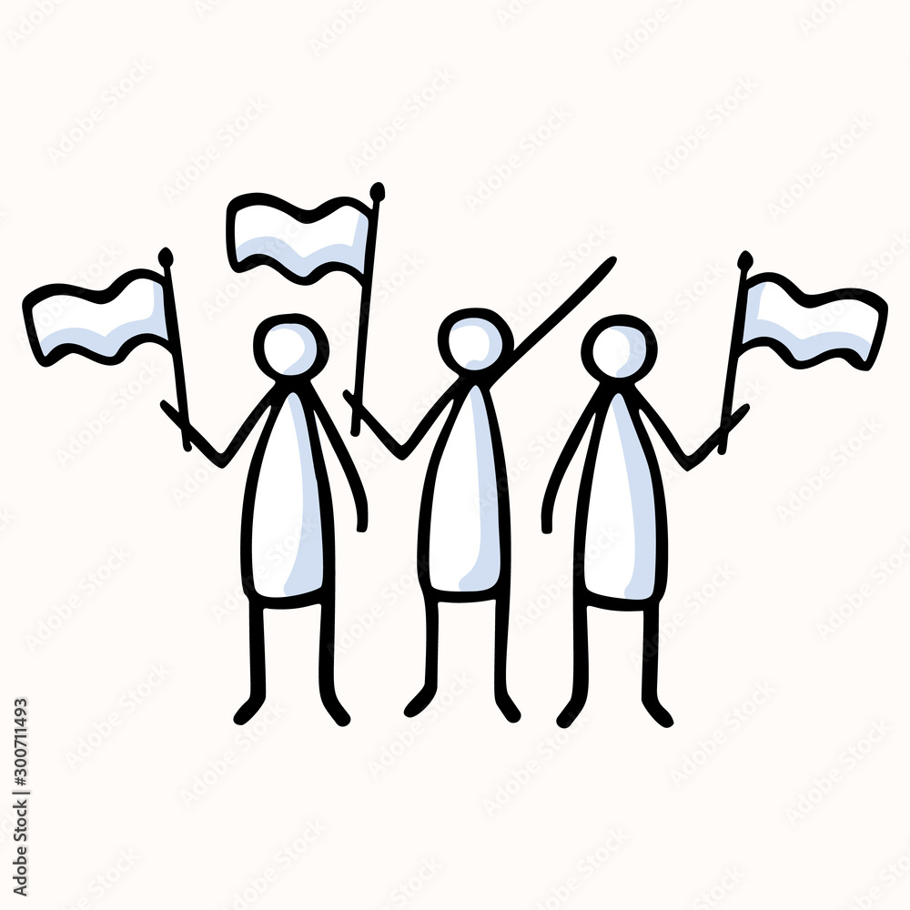 Stick Figure Group Waving Flag. Hand Drawn Isolated Human Doodle Icon ...