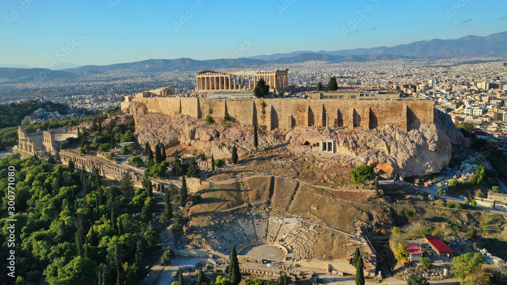 Aerial birds eye view photo taken by drone of iconic Acropolis hill and the masterpiece of ...