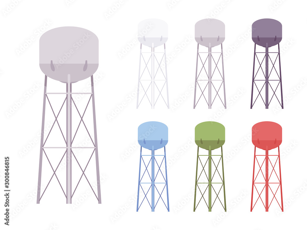 Water tower set. Modern high metal large tank construction, standpipe ...