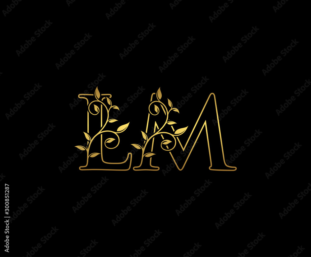 Golden letter L and M, LM vintage decorative ornament emblem badge ...
