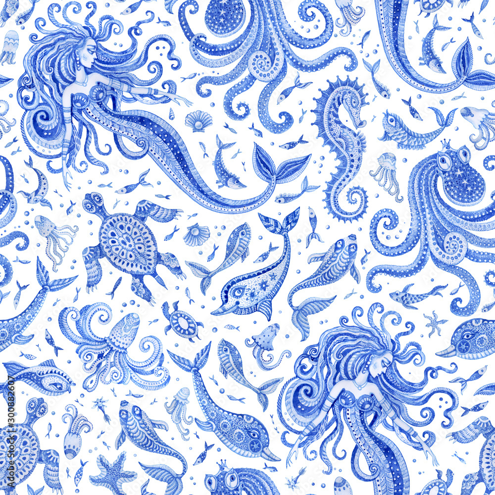 Seamless Baroque wallpaper pattern of indigo blue fairy tale sea ...