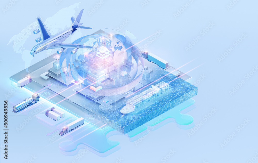 3D isometric global cargo logistic web site background. Maritime, air ...