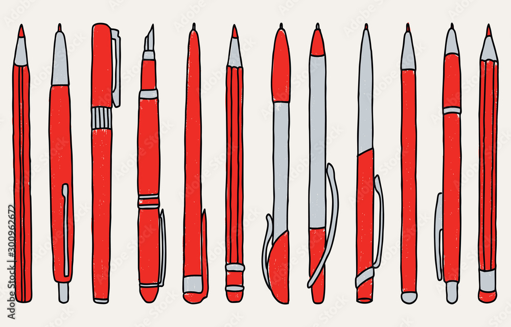 Vector drawing of set of various drawn pens and pencils Stock Vector ...