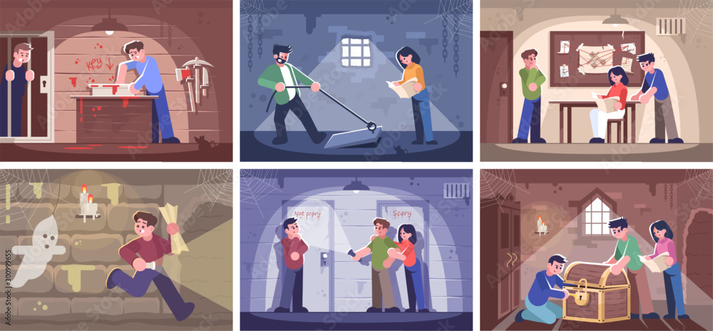 Escape room flat vector illustrations set. People trying to solve ...