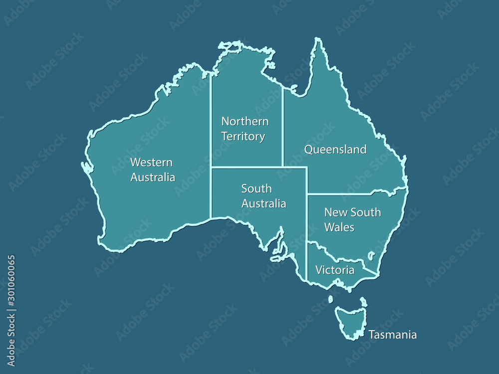 Australia map land area vector with state names on blue background ...