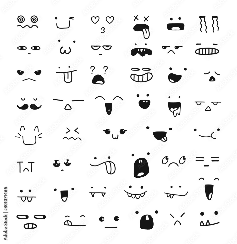 Collection of cute emoticon emoji. Doodle cartoon face, smile, happy ...