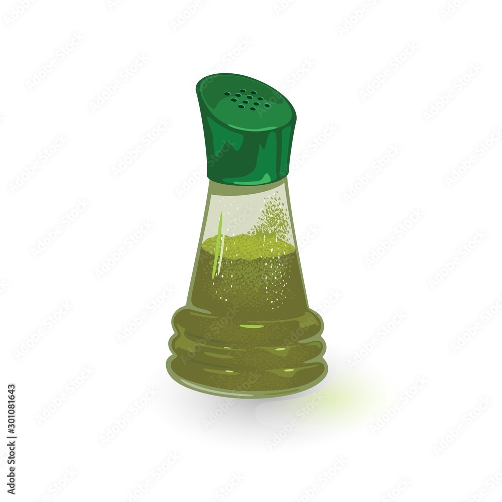 Green garam masala in glasses shaker, tin with plastic lid. Ground ...