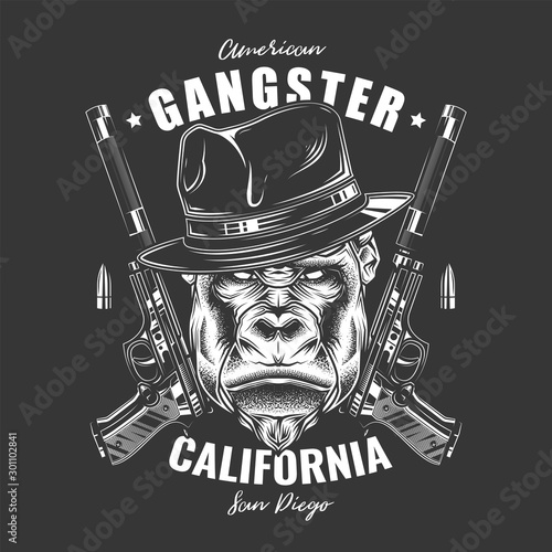 PrintOriginal monochrome vector illustration. Angry gorilla gangster in ...
