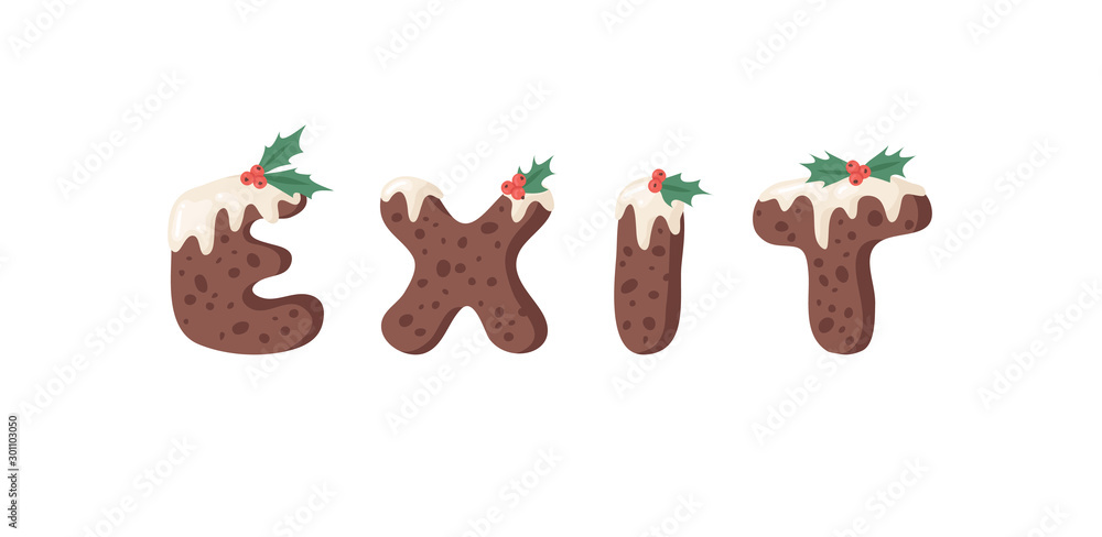 Cartoon vector illustration Christmas Pudding. Hand drawn font. Actual ...