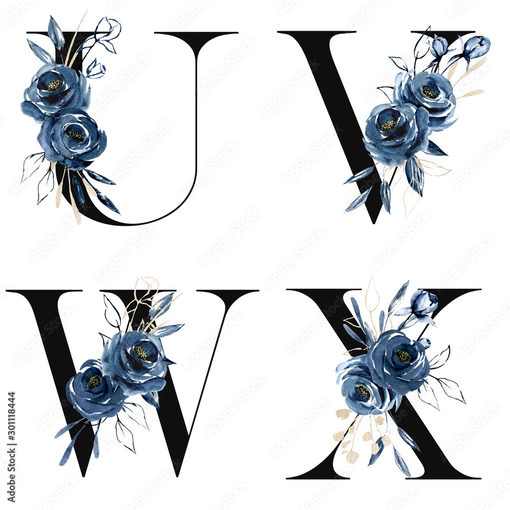 Floral alphabet, letters set with watercolor flowers and leaf. Navy ...