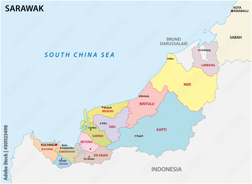Vector de Stock administrative and political map of the malayan division sarawak | Adobe Stock