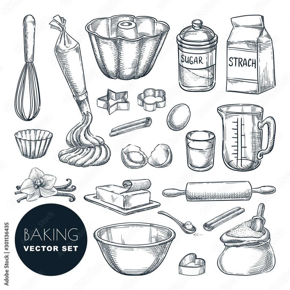 Baking ingredients and kitchen utensil icons. Vector flat cartoon ...