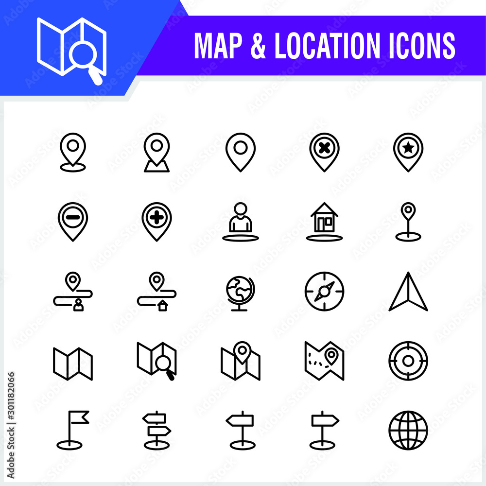 Map and Location icon set, with 25 icon black line design, Stock Vector ...