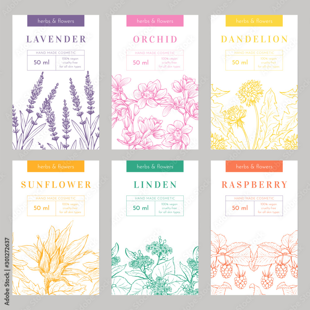 Hand made products hand drawn vector packaging templates set. Herbal ...