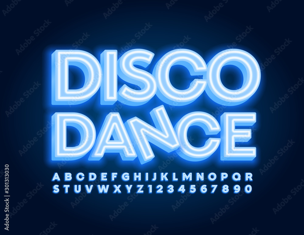 Vector glowing poster Disco Dance. Blue electric Font. Neon light ...