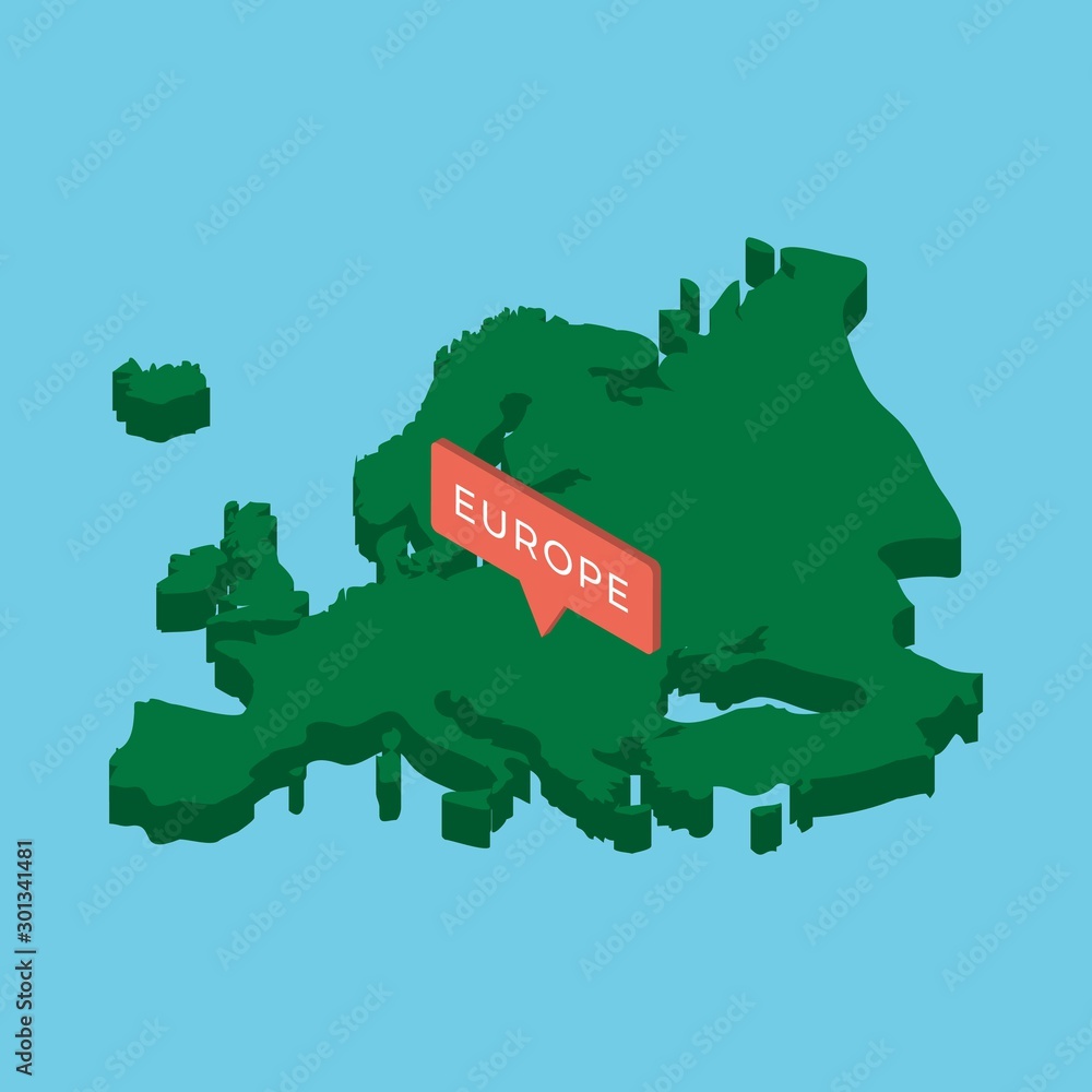 isometric map of europe continent with pointer on blue background ...