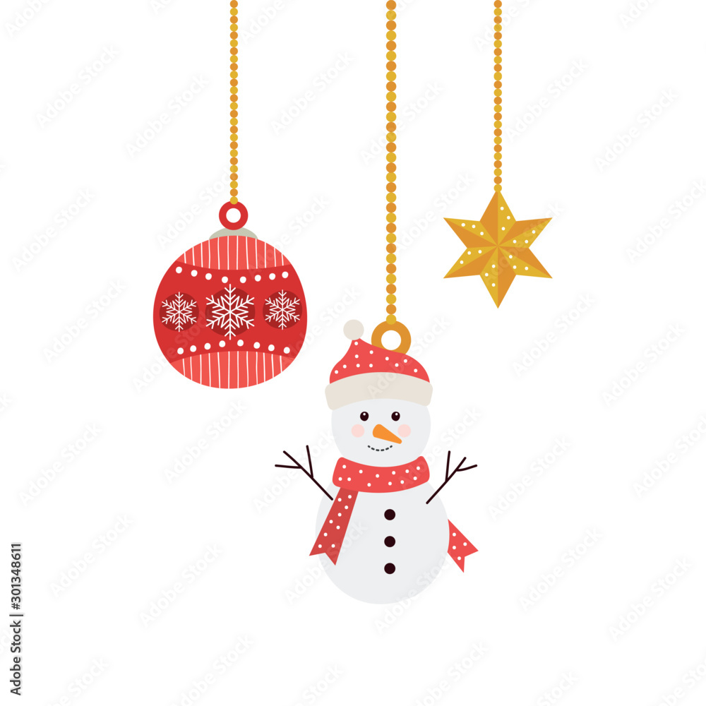 merry christmas snowman with ball and star hanging design Stock Vector ...