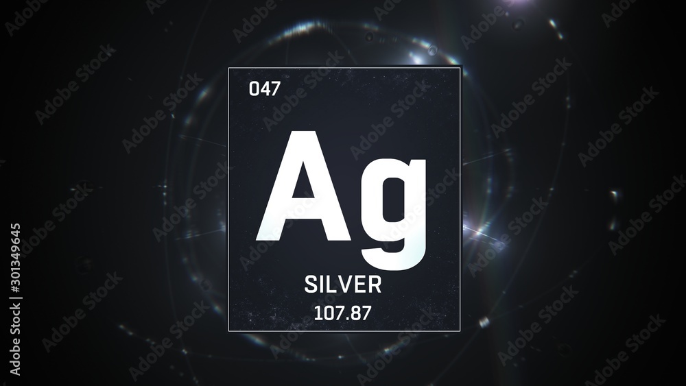 3D illustration of Silver as Element 47 of the Periodic Table. Silver ...