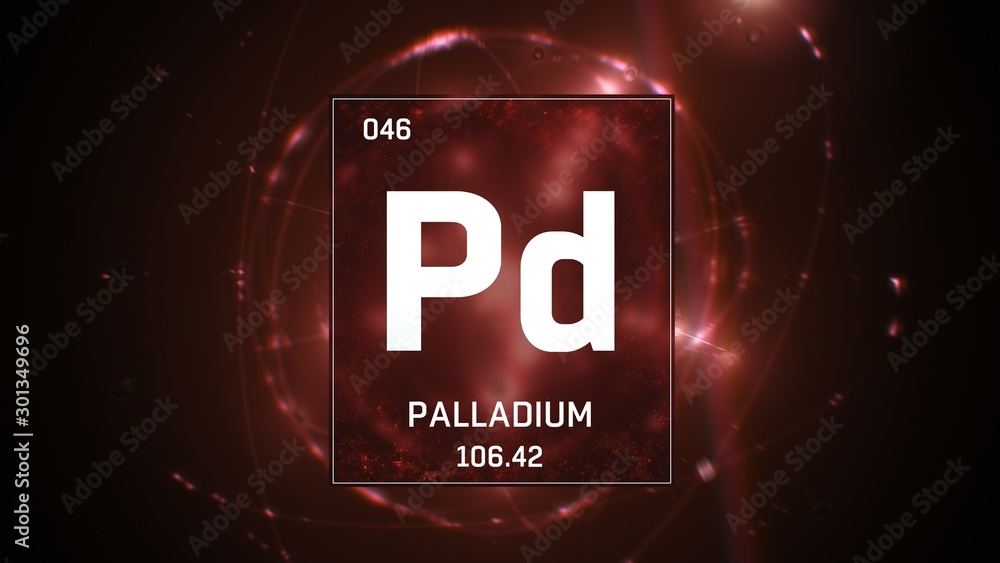 3D illustration of Palladium as Element 46 of the Periodic Table. Red ...