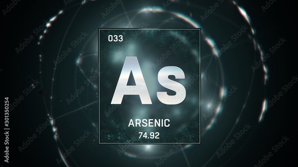 3D illustration of Arsenic as Element 33 of the Periodic Table. Green ...