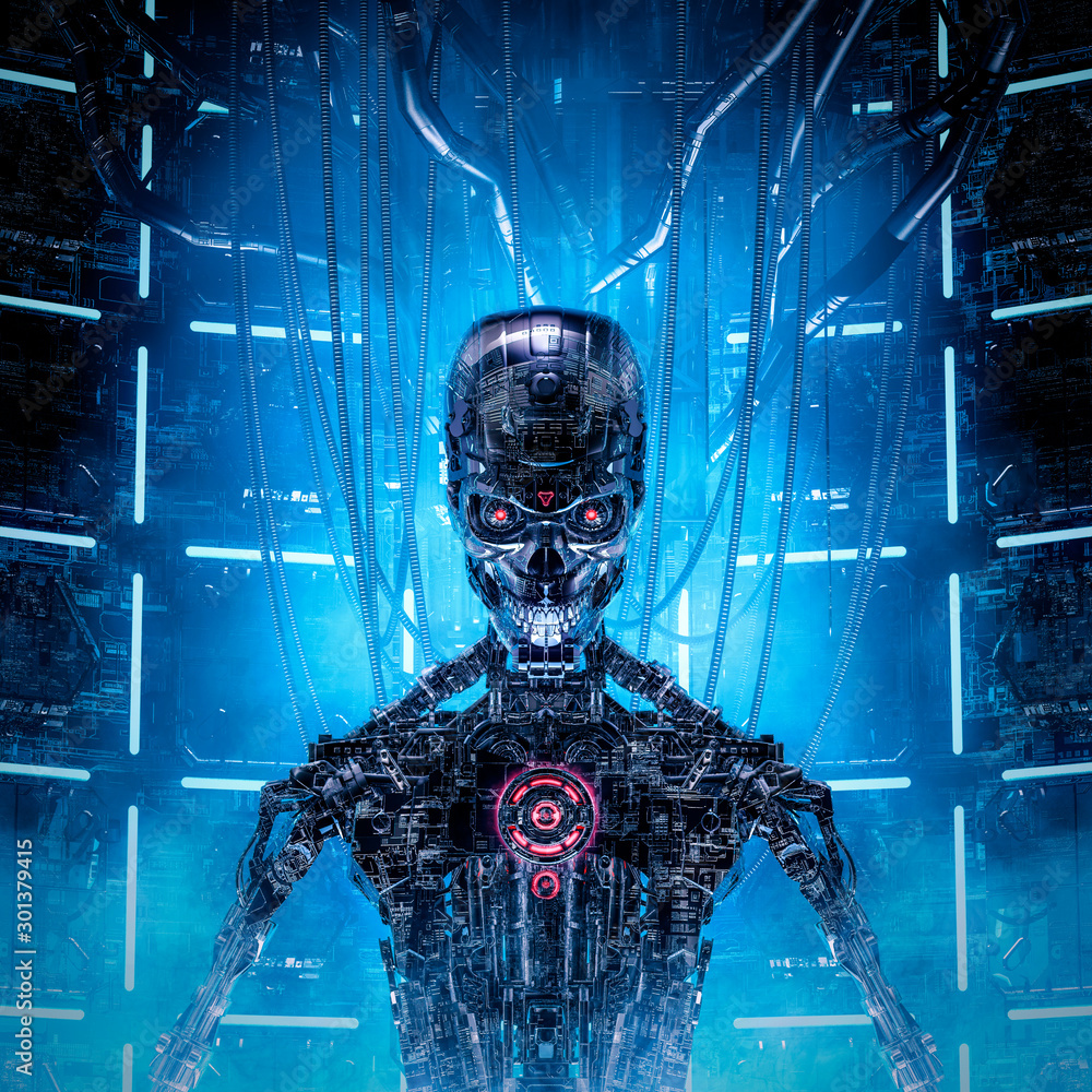 Deadly data core / 3D illustration of evil metallic science fiction ...