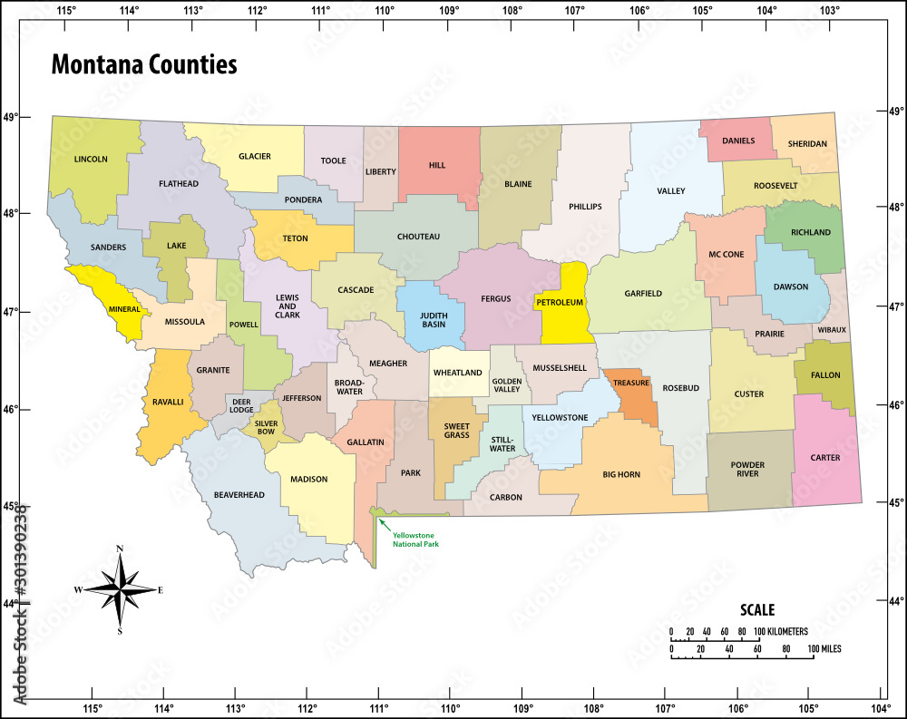 montana state outline administrative and political map in color Stock ...