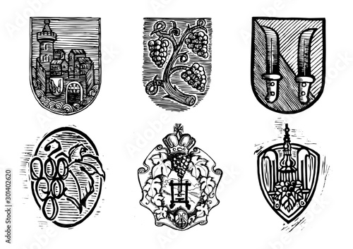 symbols of viticulture, coat of arms with grapes, leaves, knifes ...
