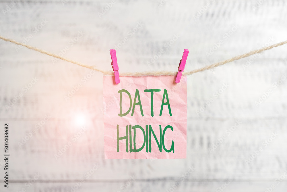 Conceptual hand writing showing Data Hiding. Concept meaning Secretly embedding data in graphics ...