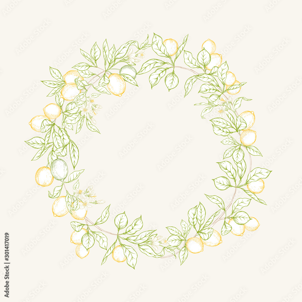 Lemon tree branch with lemons, flowers and leaves. Element for design ...