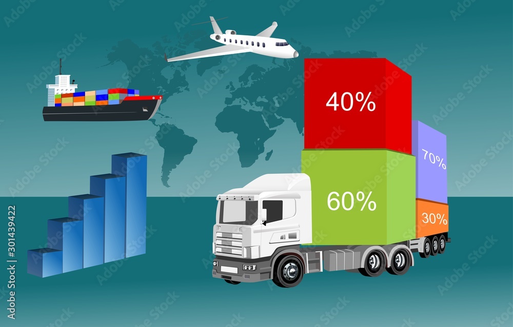 Global logistics concept, 3d vector truck wagon, cargo boxes, vector ...