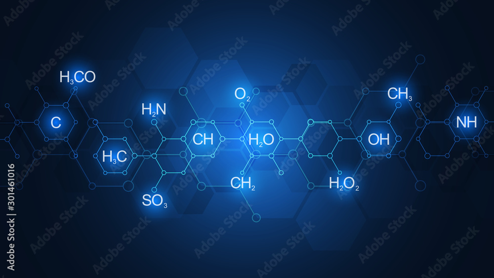 Abstract chemistry pattern on dark blue background with chemical ...