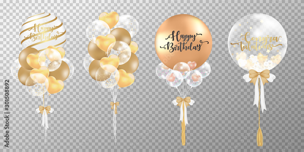 Golden balloons on transparent background. Realistic glossy luxury gold ...