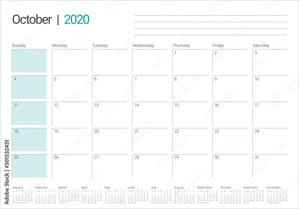 October 2020 desk calendar vector illustration Stock Vector | Adobe Stock