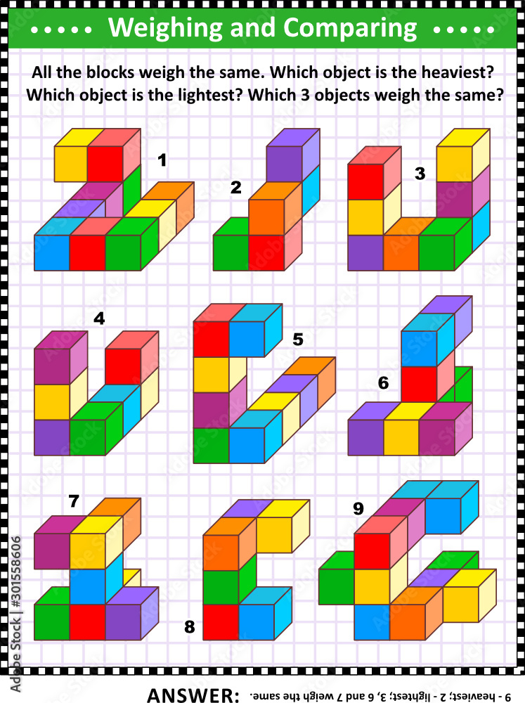 Vektor Weighing and comparing math visual puzzle with building blocks ...