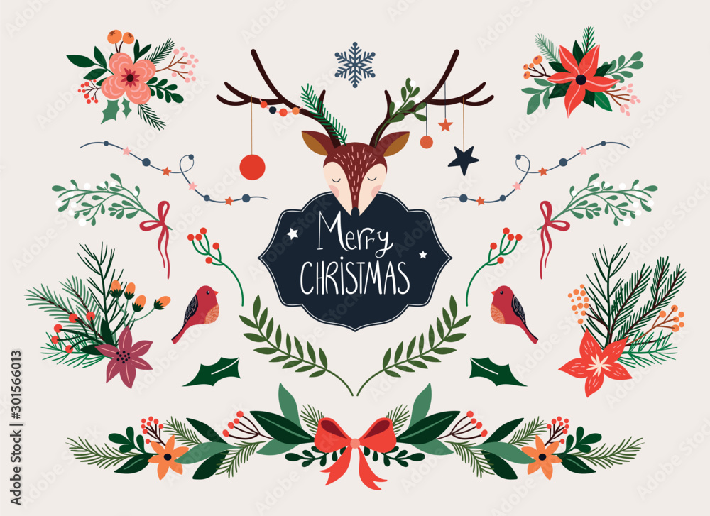 Christmas floral collection with deer head and different floral ...