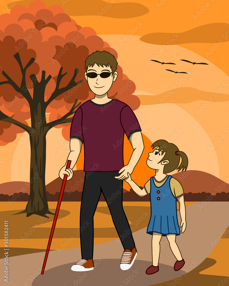 Vector illustration of Blind man and his daughter are walking together ...