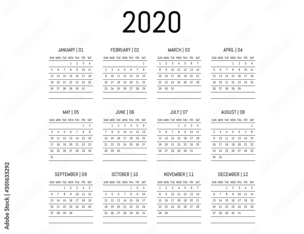 Simple calendar layout for 2020 years with horizontal and vertical ...