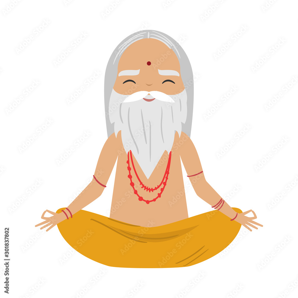 Meditating old yogi man with grey hair and beard sitting in a lotus ...
