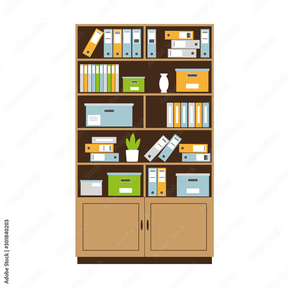 Bookcase with books, boxes and folders for office interior. Vector ...