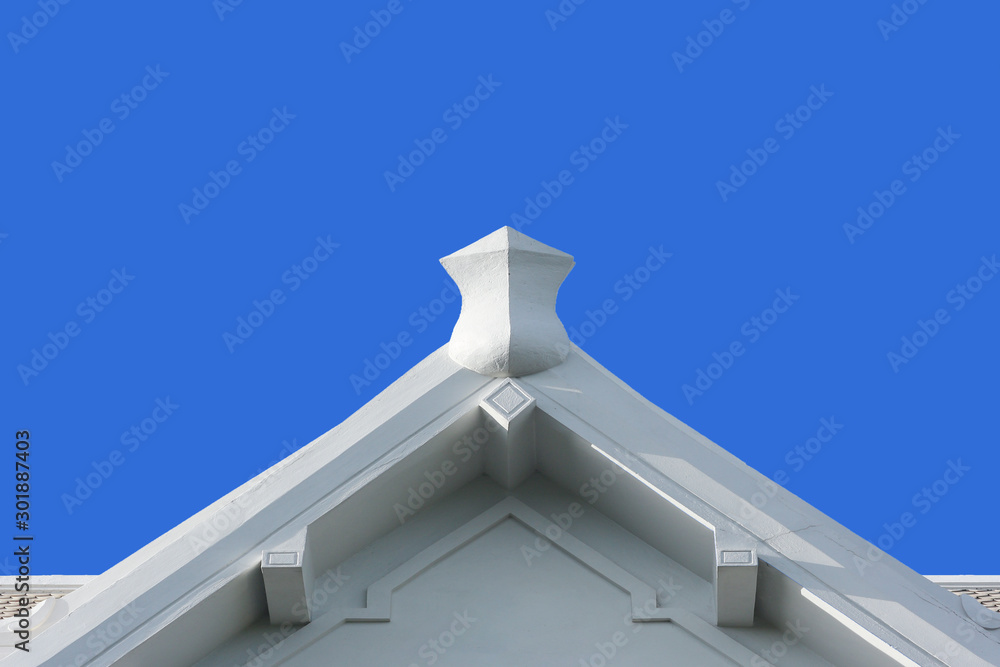 Thai art pattern gable facade roof with blue sky background. Stock ...