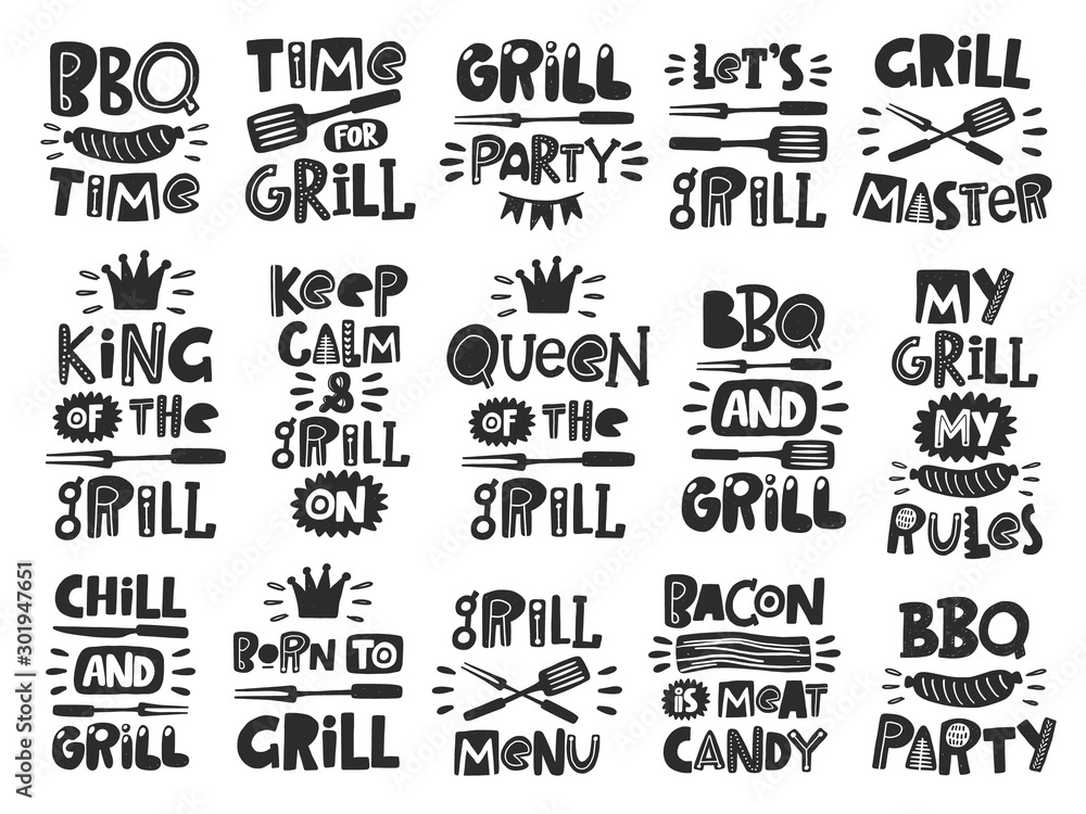BBQ, barbeque, grill set. Hand drawn lettering. Quote sketch typography ...