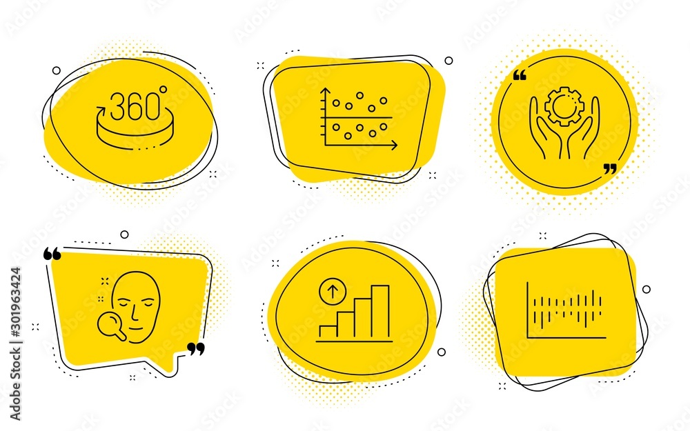 Employee hand, Graph chart and Column diagram signs. Chat bubbles. Dot ...