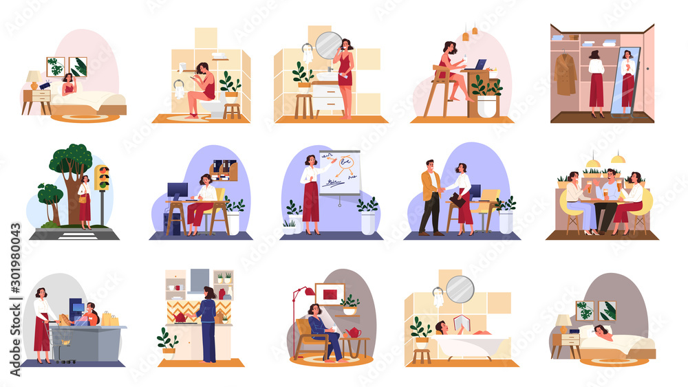 Daily routine of a woman set. Isolated vector illustration in cartoon ...