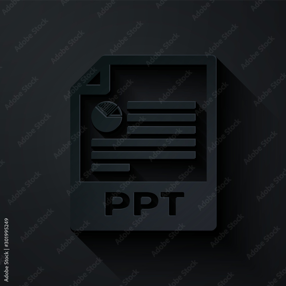 Paper cut PPT file document. Download ppt button icon isolated on black ...